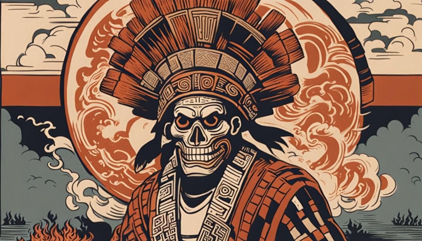 An Aztec priest wears a Xiuhtecuhtli mask , surrounded by smoke and ...