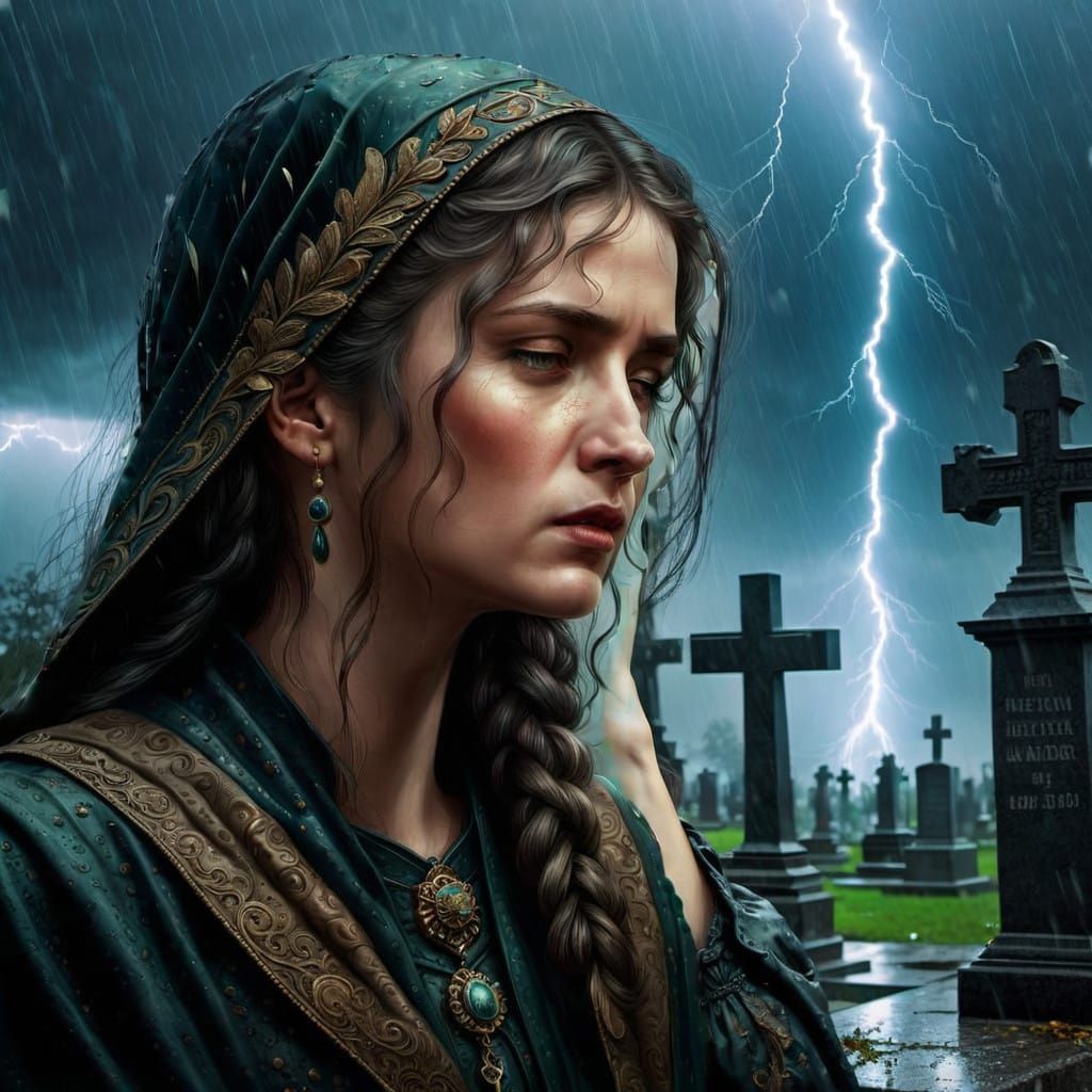 Mourning - Poignant Mourning Scene in a Retro-Inspired Cemet...