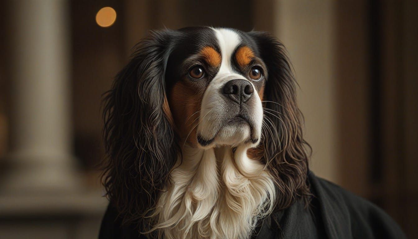 A moody realistic photo of a dignified King Charles in a photo shoot. Professional photography ...