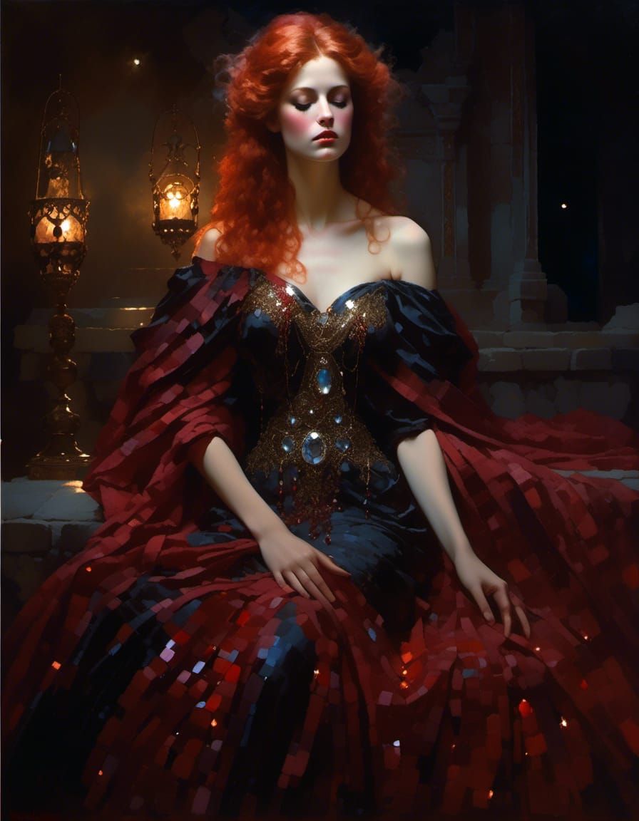 Lady covered in gems, diamond dust illuminated by moonlight, a ...