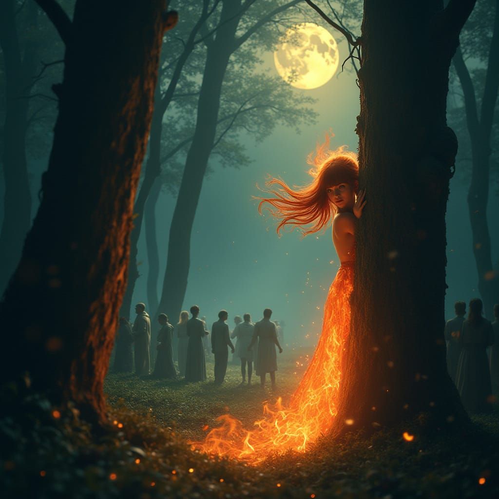 Mystical Flame Girl Peeks from Behind Ancient Tree... - AI Art