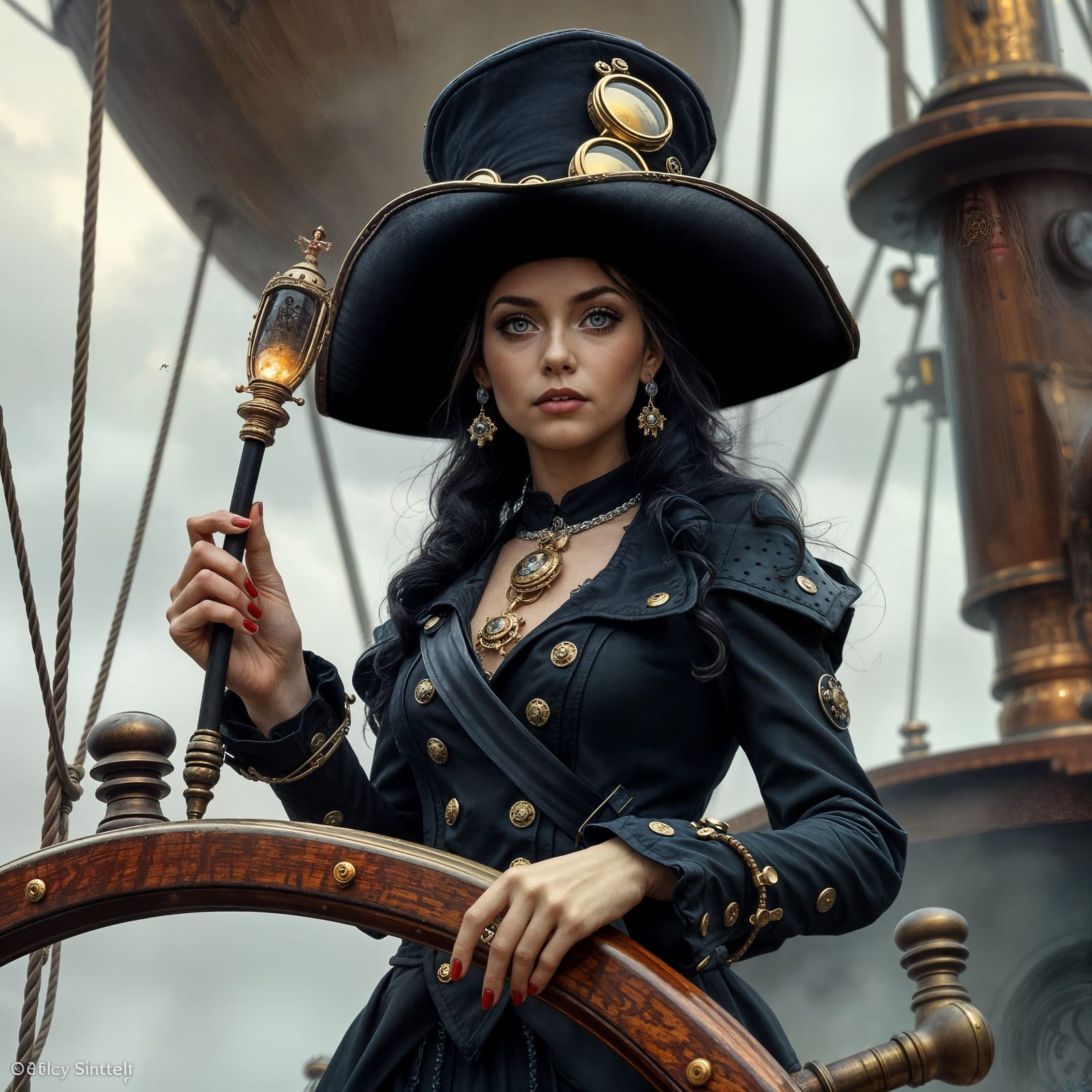 Steampunk Witch Commands Vintage Airship - AI Art
