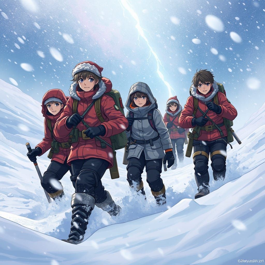 Heroes Battling a Fierce Blizzard in Anime Style - AI Art