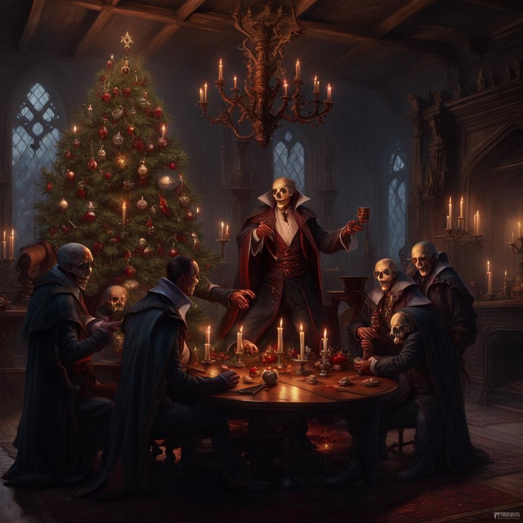 (vampires_drinking_around_large_Christmas_tree_decorated_with_skulls ...
