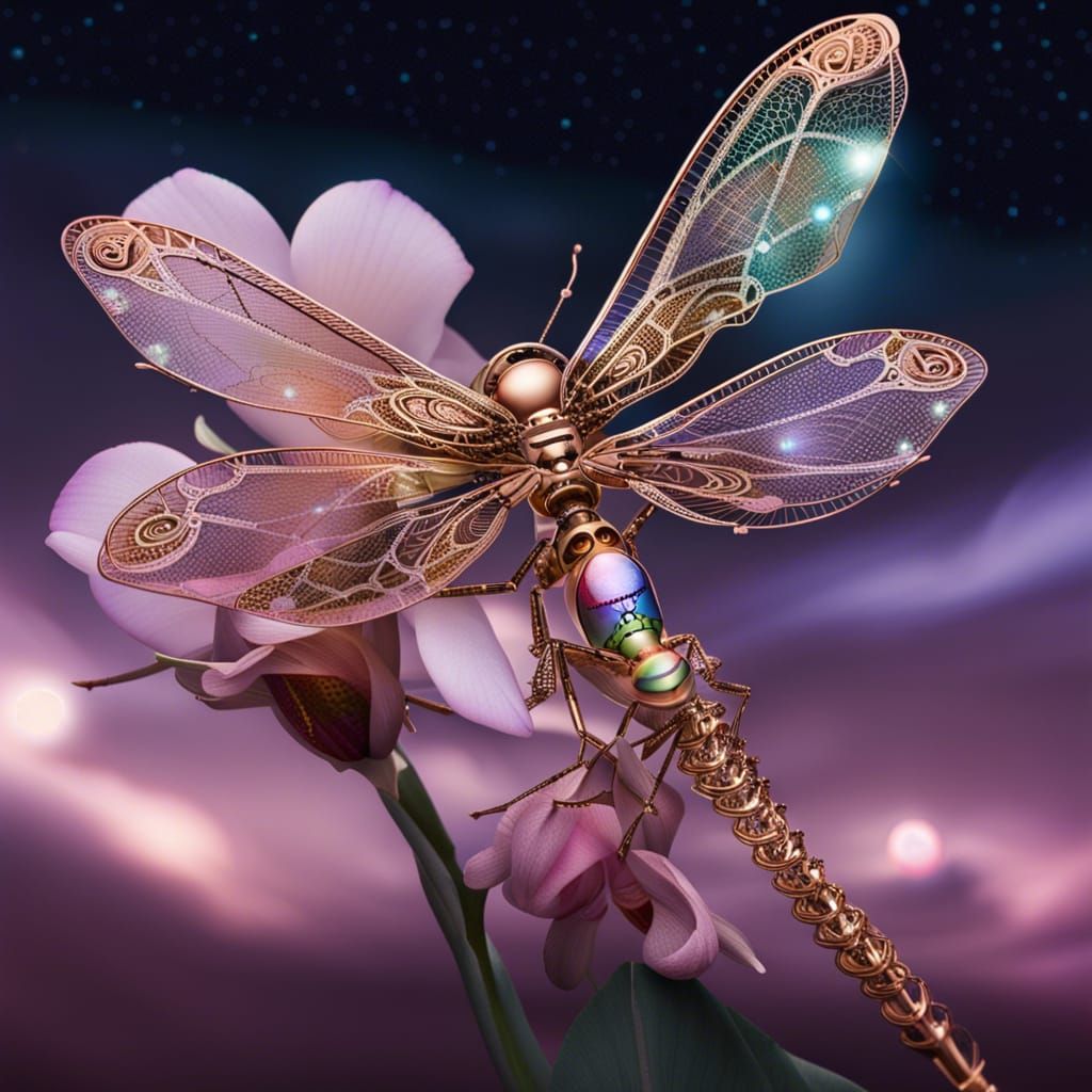 Robotic Victorian Rose Gold Dragonfly Sitting on Orchid - AI Generated ...