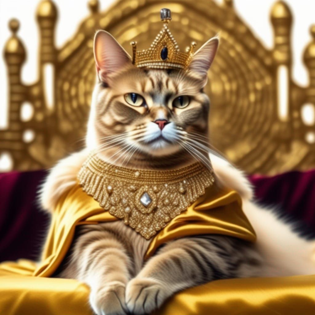 A cat as Queen of the Universe wearing a gem-studded gold crown and ...