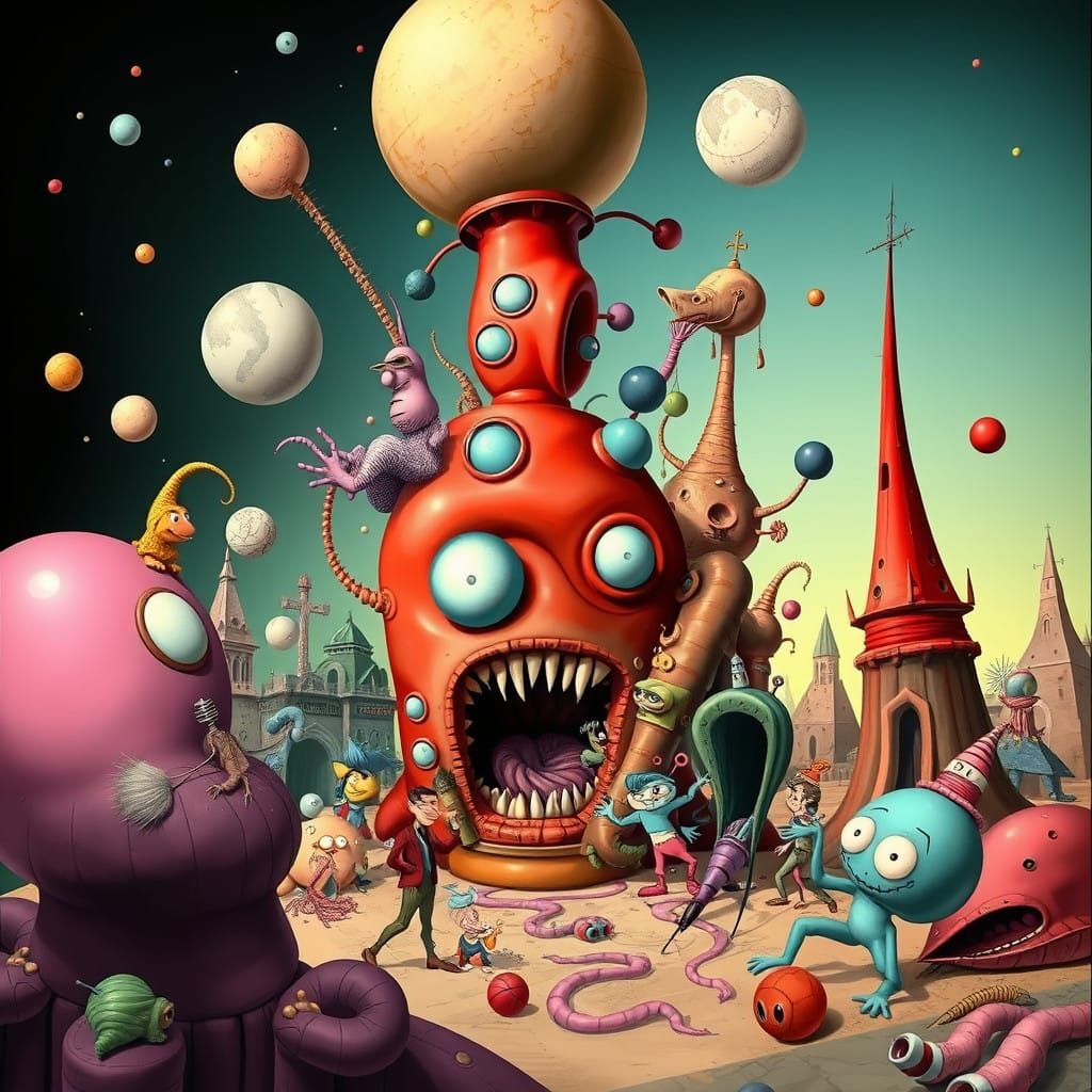 a chaotic pop surrealism piece inspired by the works of Picasso, Terry ...