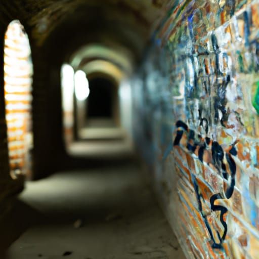 long dark dungeon brick stone hallway with a demonic graffiti all over ...