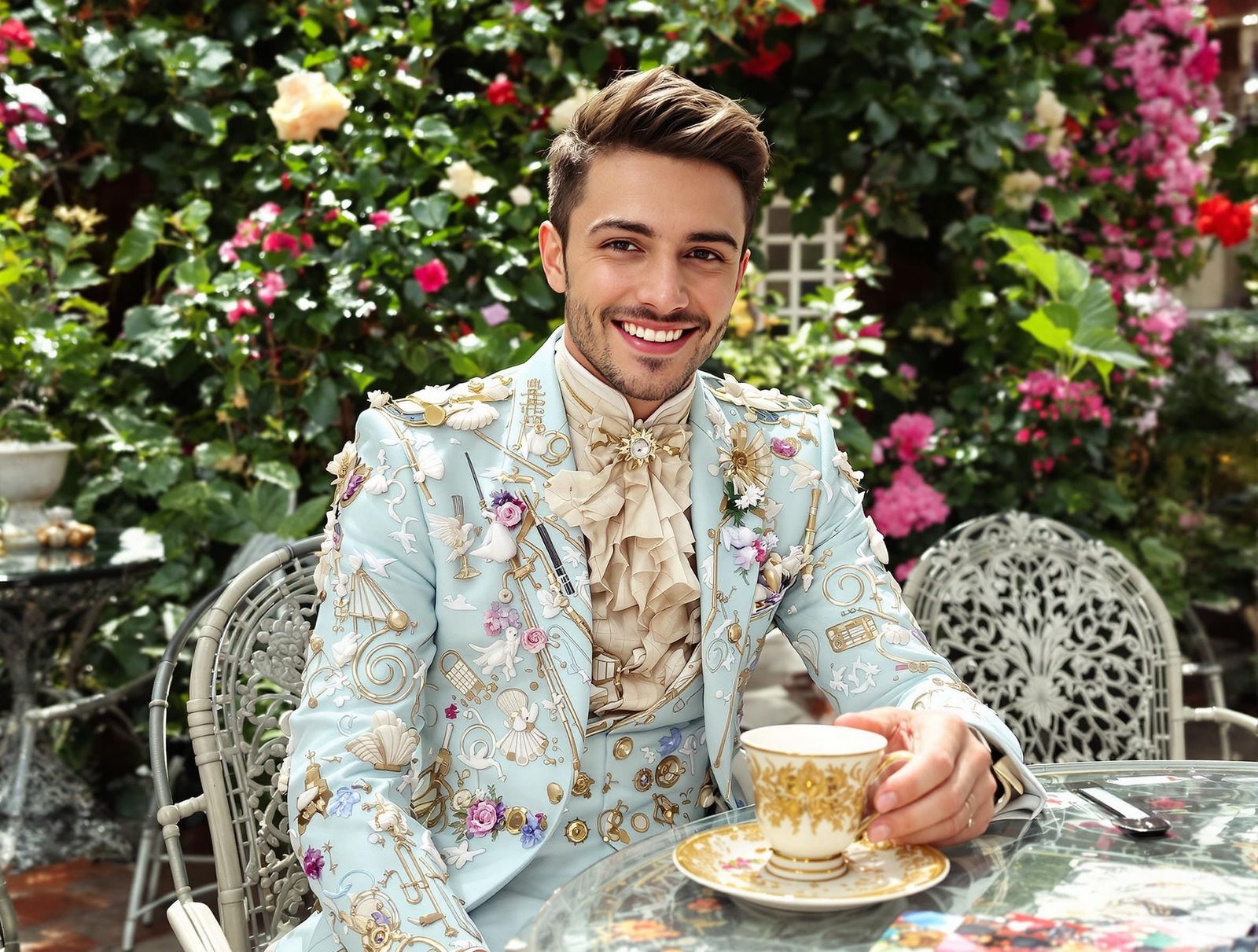 Tea time - Dapper Gentleman Sips Tea in Whimsical Rococo Caf...