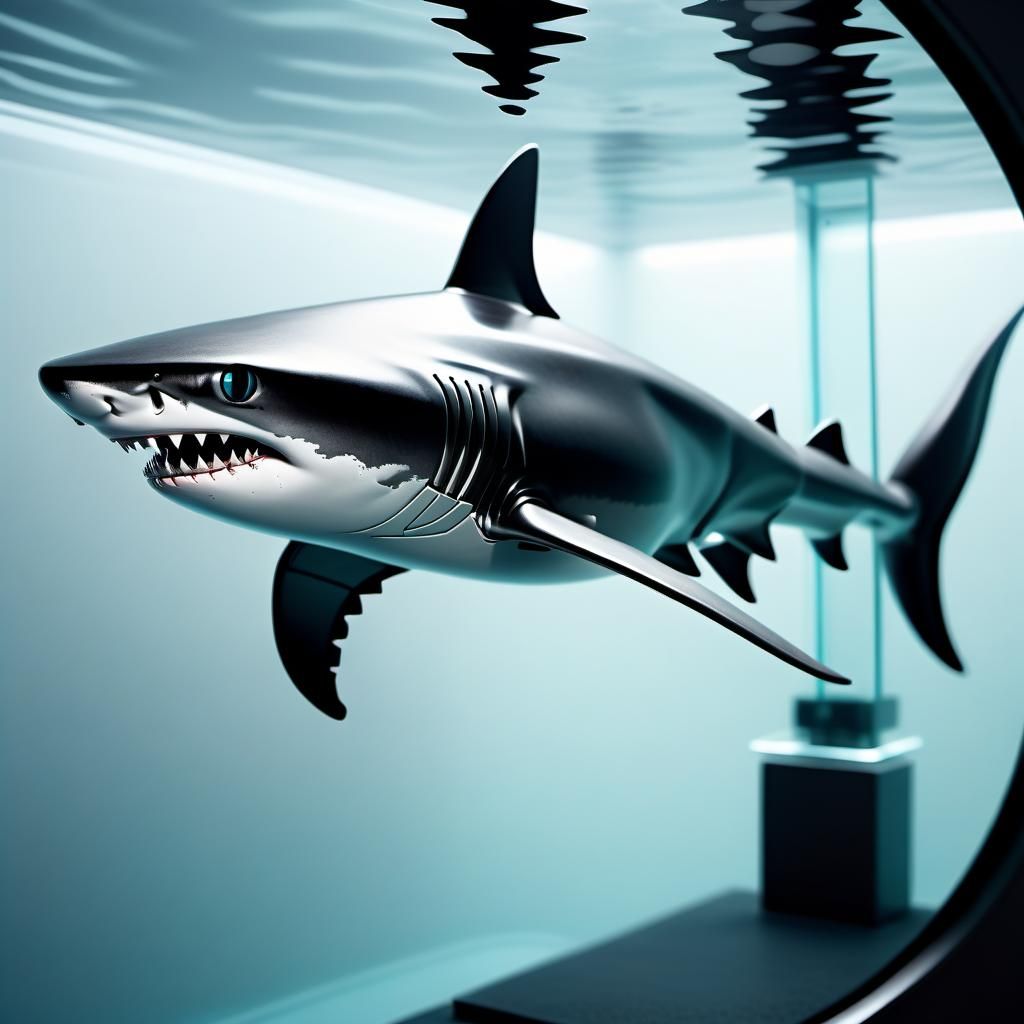 A robotic shark in a futuristic aquarium- minimalistic design - AI ...