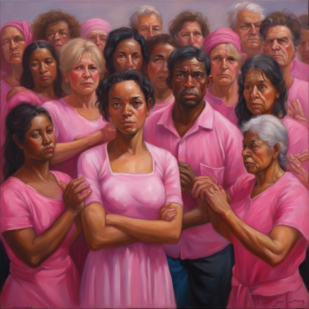 Diverse women and men all wearing pink, united, hands held tight, - AI ...