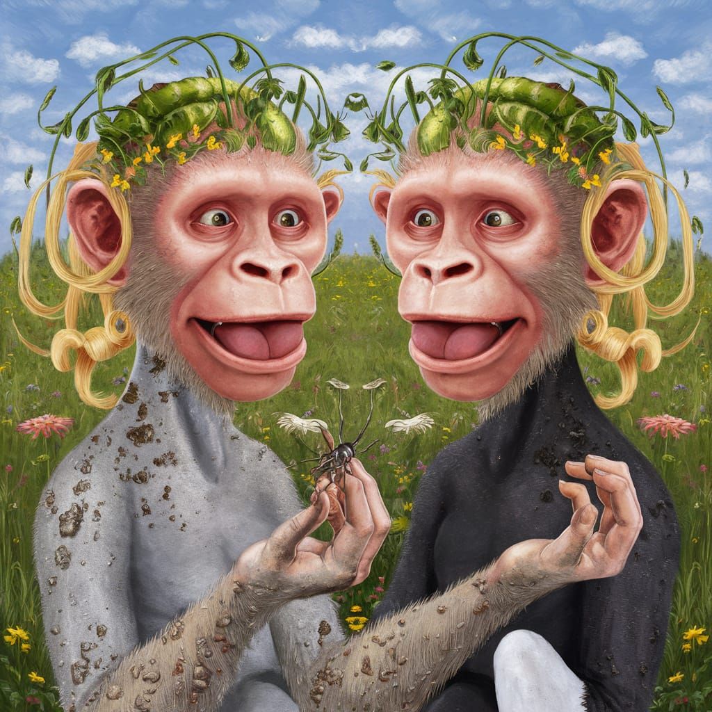 Dürer-Inspired Double-Faced Creature in Vibrant Fl... - AI Art