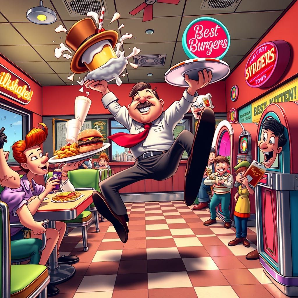 "A lively, 3D comic-style scene set in a bustling diner during the 1950s, where chaos unfolds as ...