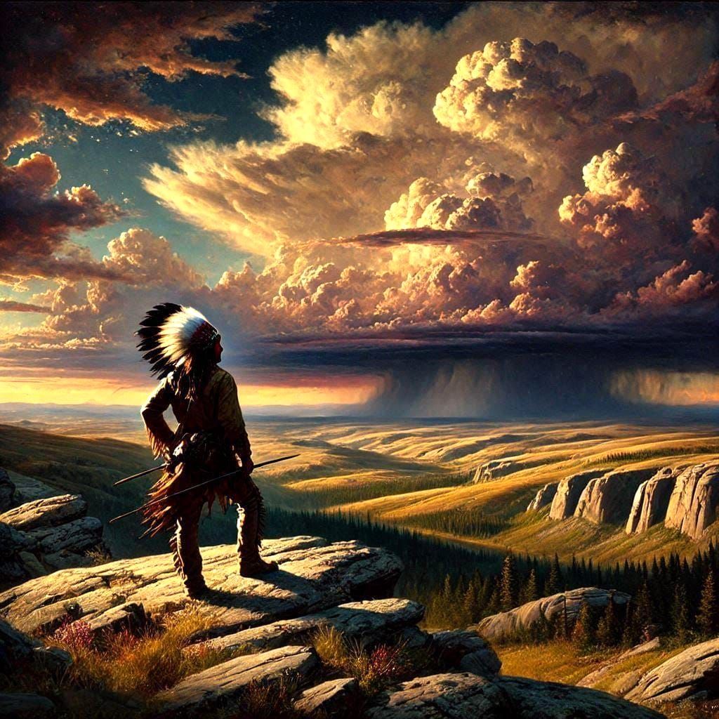 Native american scout on a rocky plateau