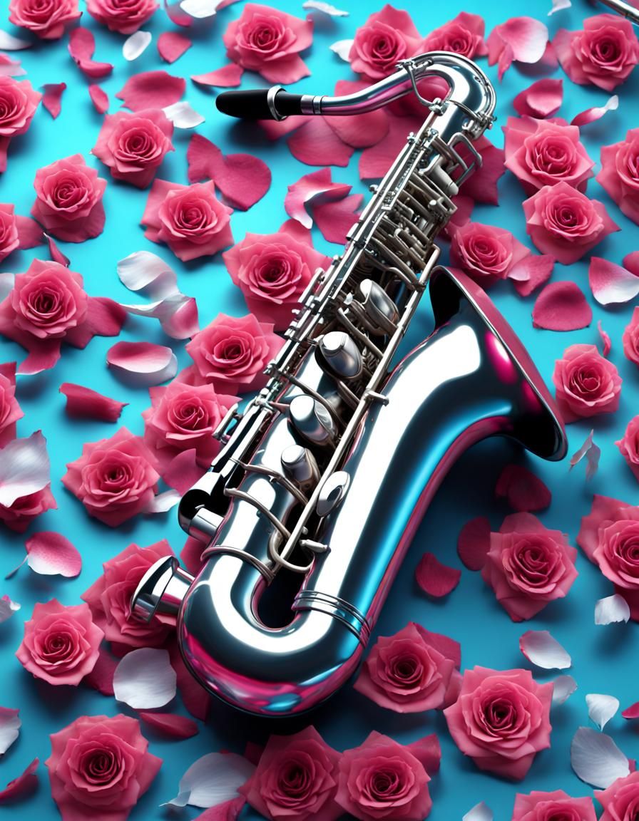 Bright Silver tenor saxophone laying in a field of many cyan, blue ...