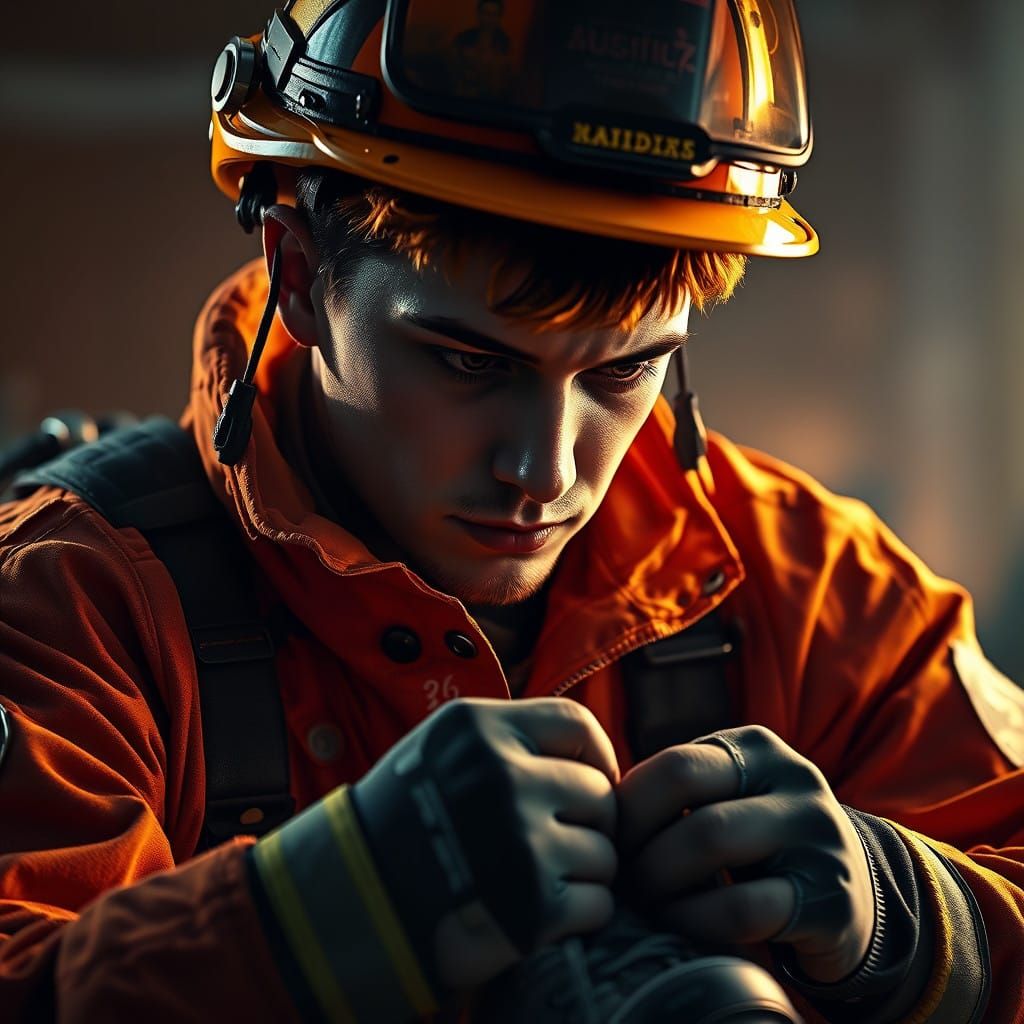 A 20 year old male firefighter in Australia, tying his boot laces with ...