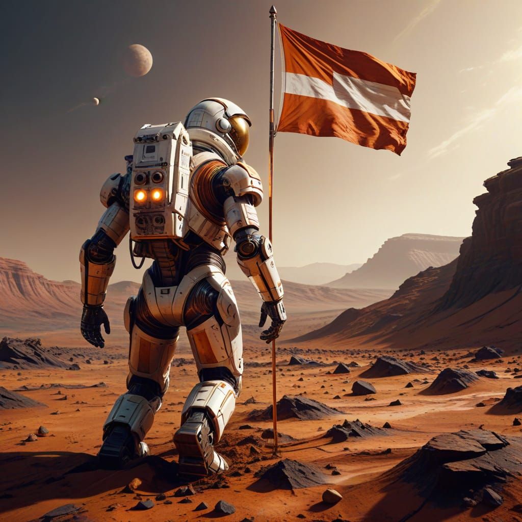 Cyborg Astronaut Planting a Flag - Cyborg Astronaut Plants F...