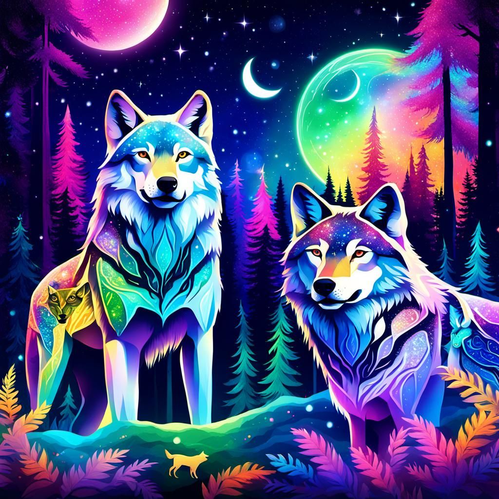 Psychedelic wolves in forest - AI Generated Artwork - NightCafe Creator
