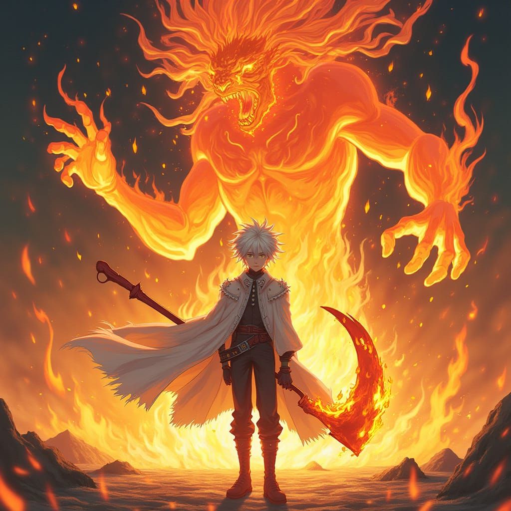 Anime Boy with Flaming Scythe and Fire Spirit - AI Art