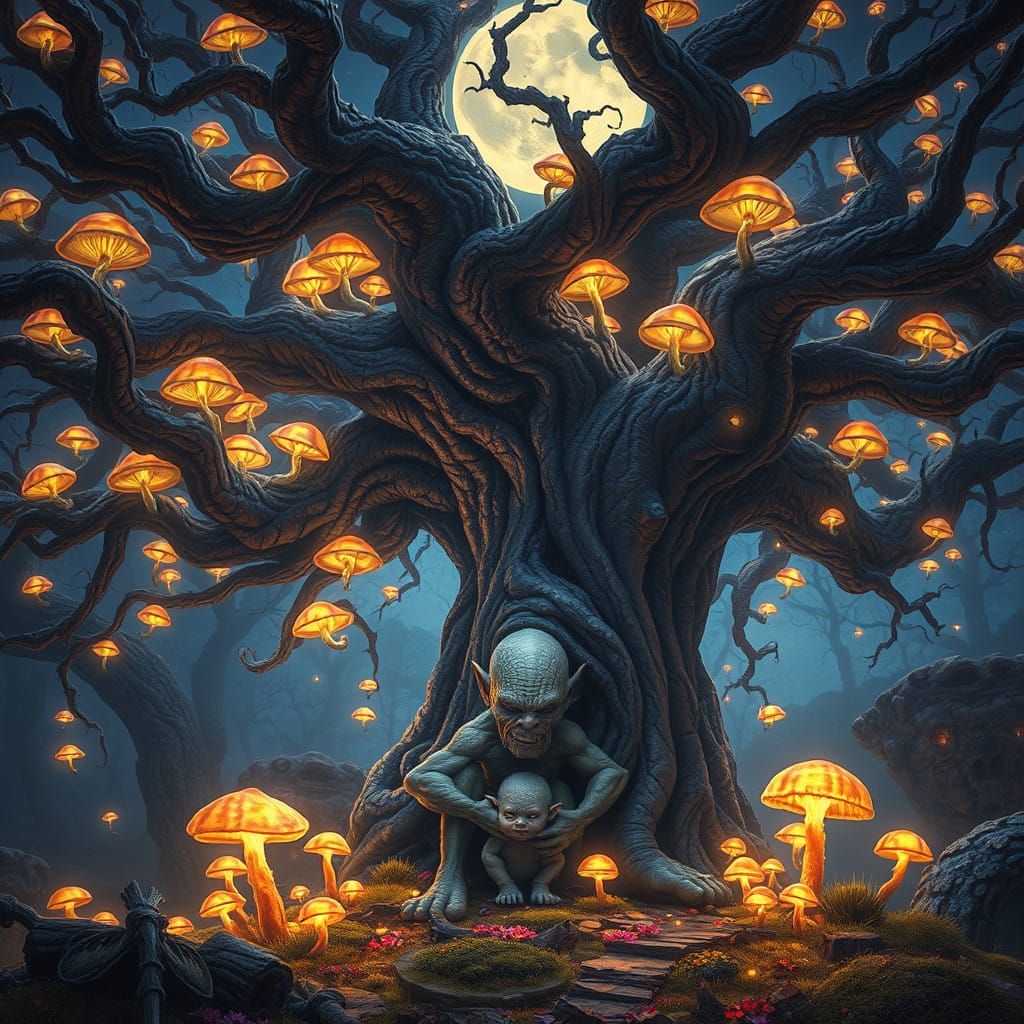 Mystical Troll Family Under Ancient Tree - AI Art