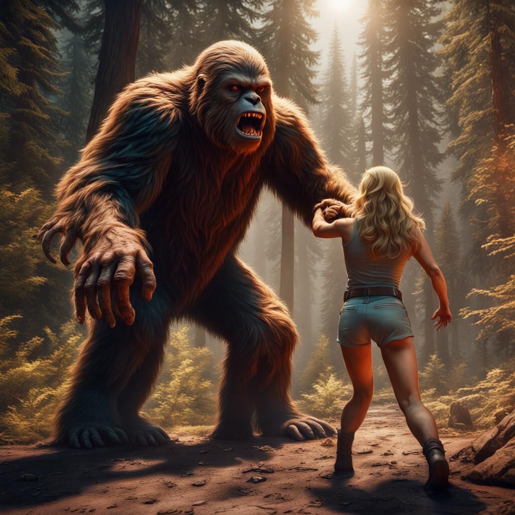 The bionic woman fights bigfoot - AI Generated Artwork - NightCafe Creator