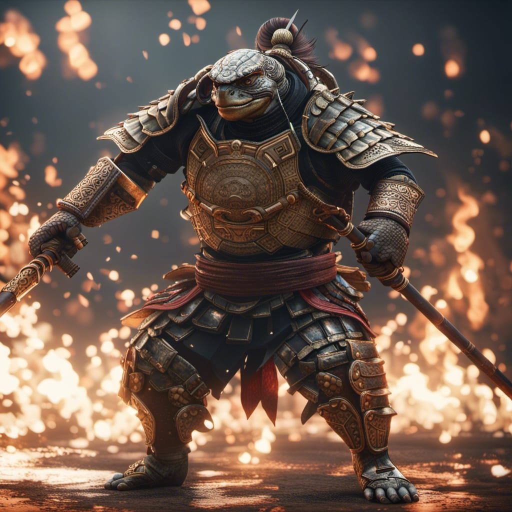 A turtle warrior in intricate samurai armor. He is wielding a longsword that is on fire. - AI ...
