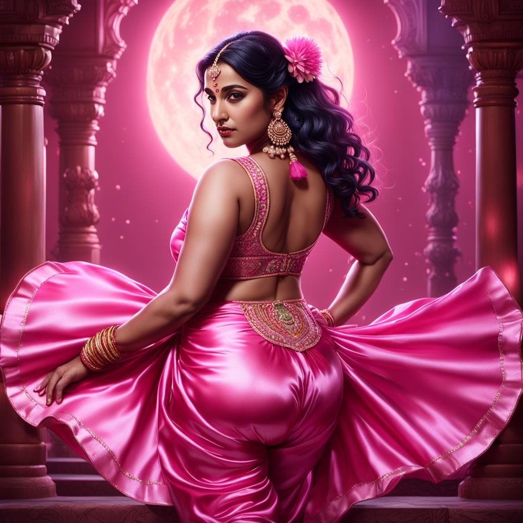 Backless hot plus size curvy pink satin venom indian goddess Vidya balan wearing satin pink ...