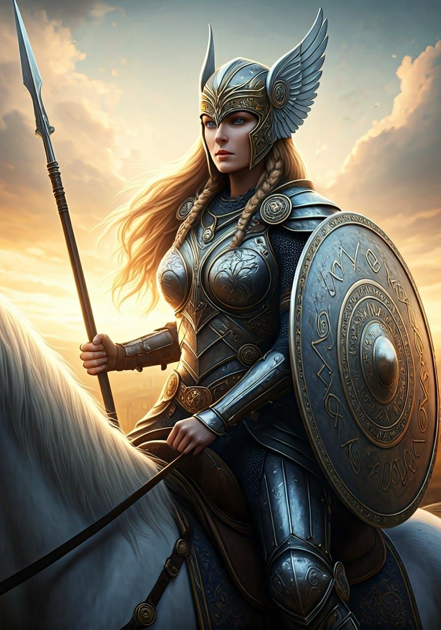 Elegant Valkyrie Warrior Rides into Dawn-Lit Battl... - AI Art
