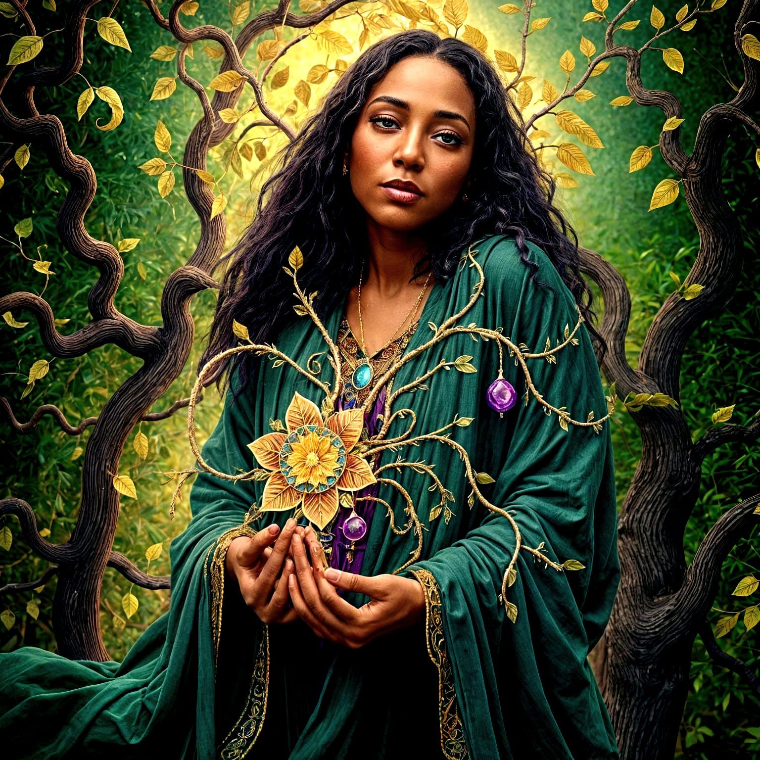 Divine Tree of Life with Vibrant Jewel-Toned Leave... - AI Art