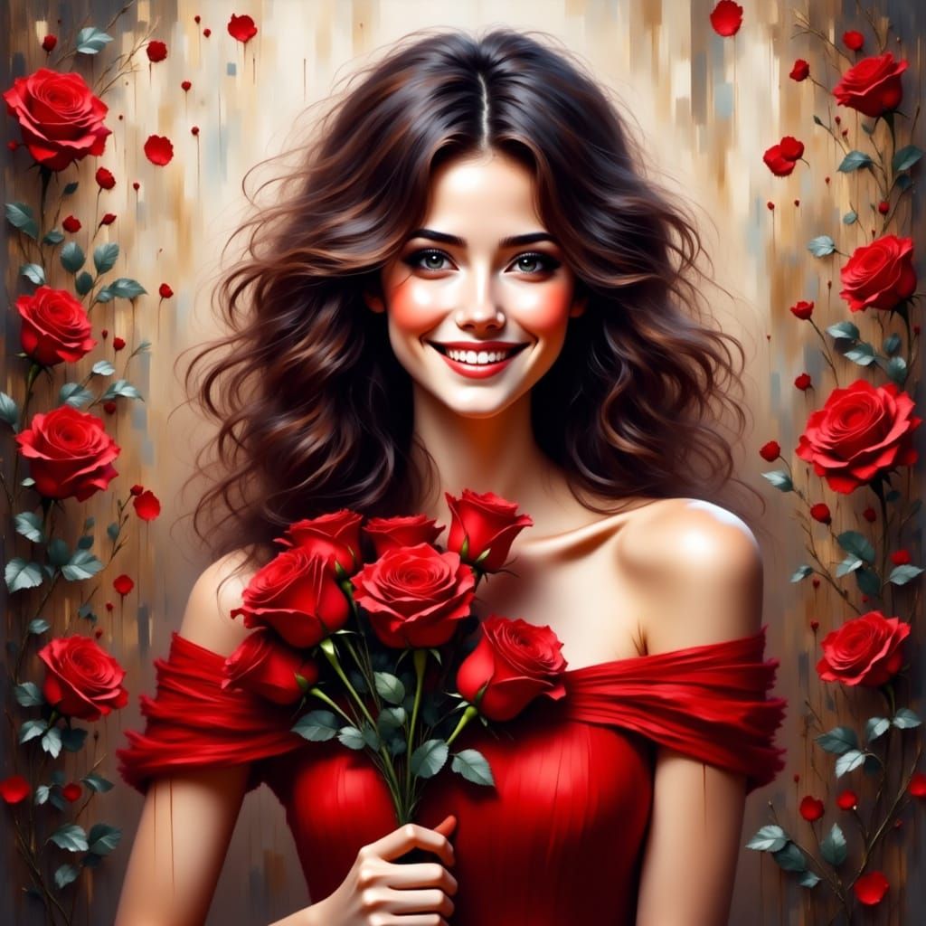 woman, red dress, smile, bouquet of roses