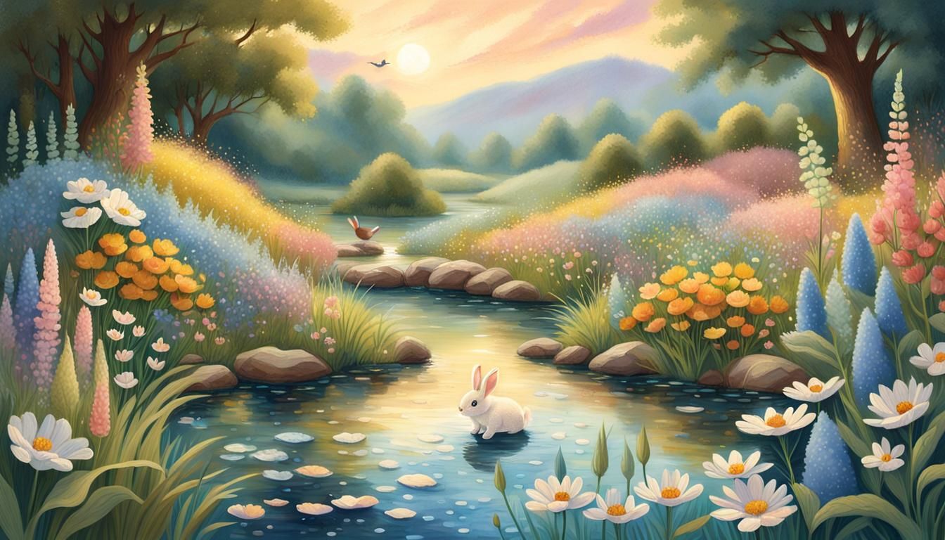 Bunny - Idyllic Whimsical Storybook Scene with Tiny Fluffy ...