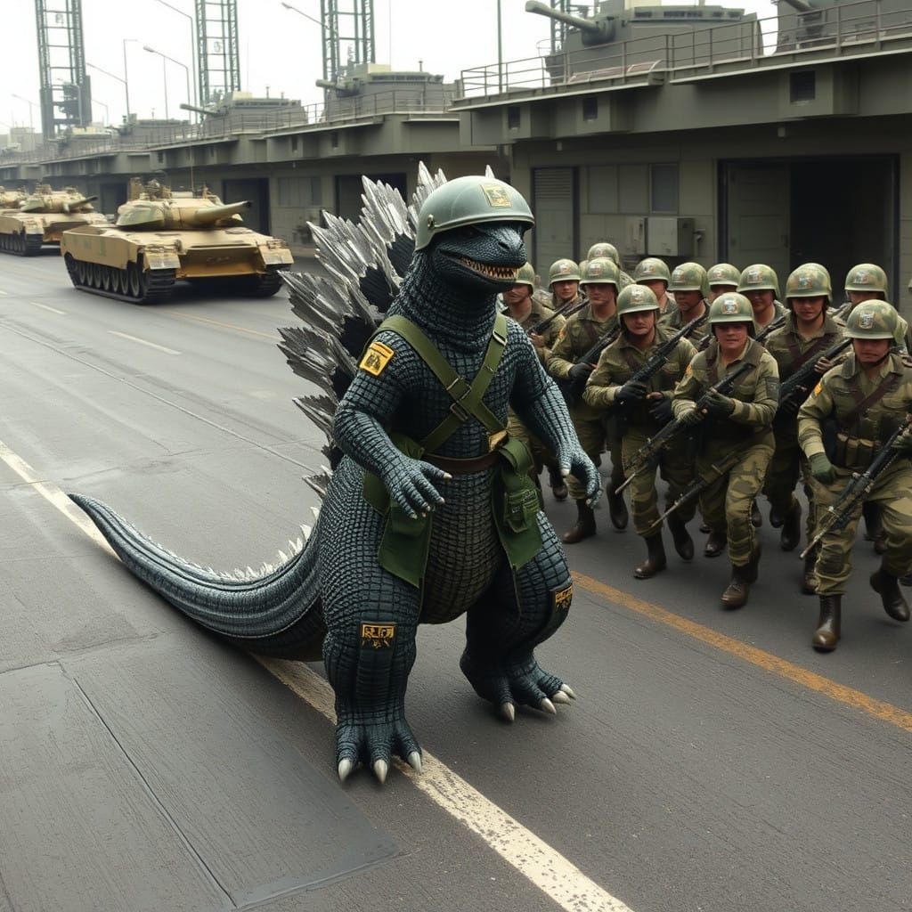 Godzilla joins the army - Godzilla Marches in Sync with Huma...