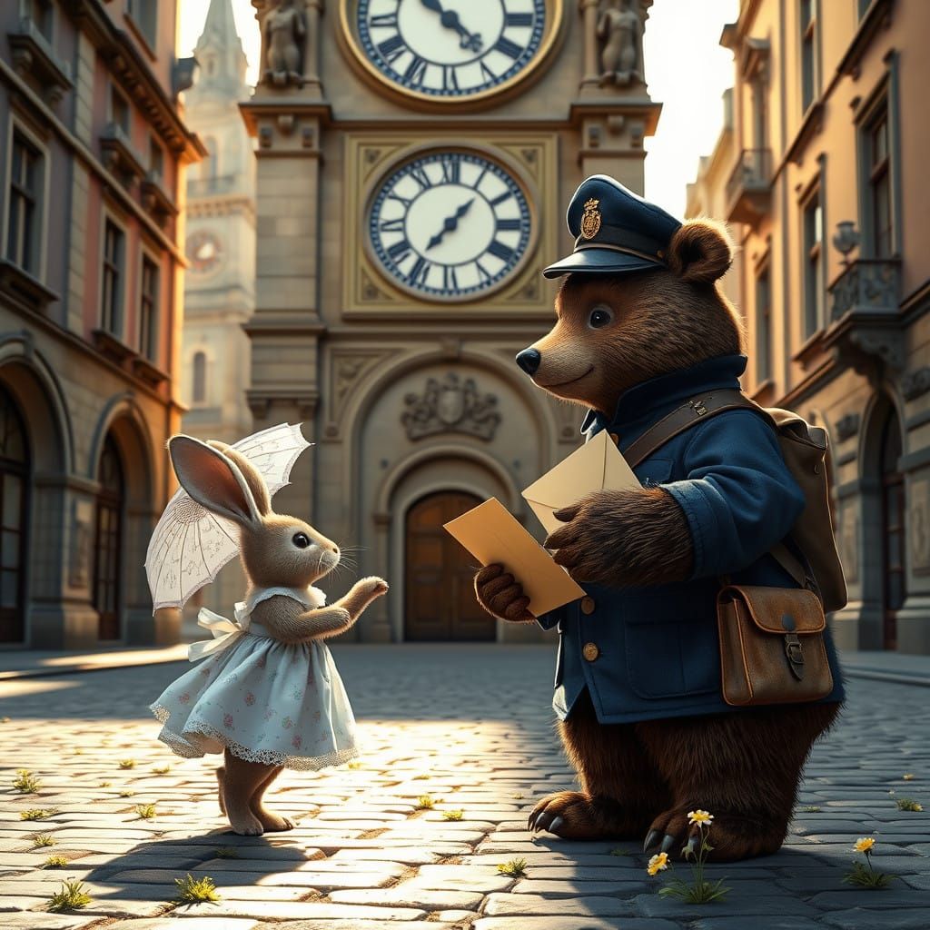 Bear Postman Delivers Letter to Elegant Bunny Unde... - AI Art