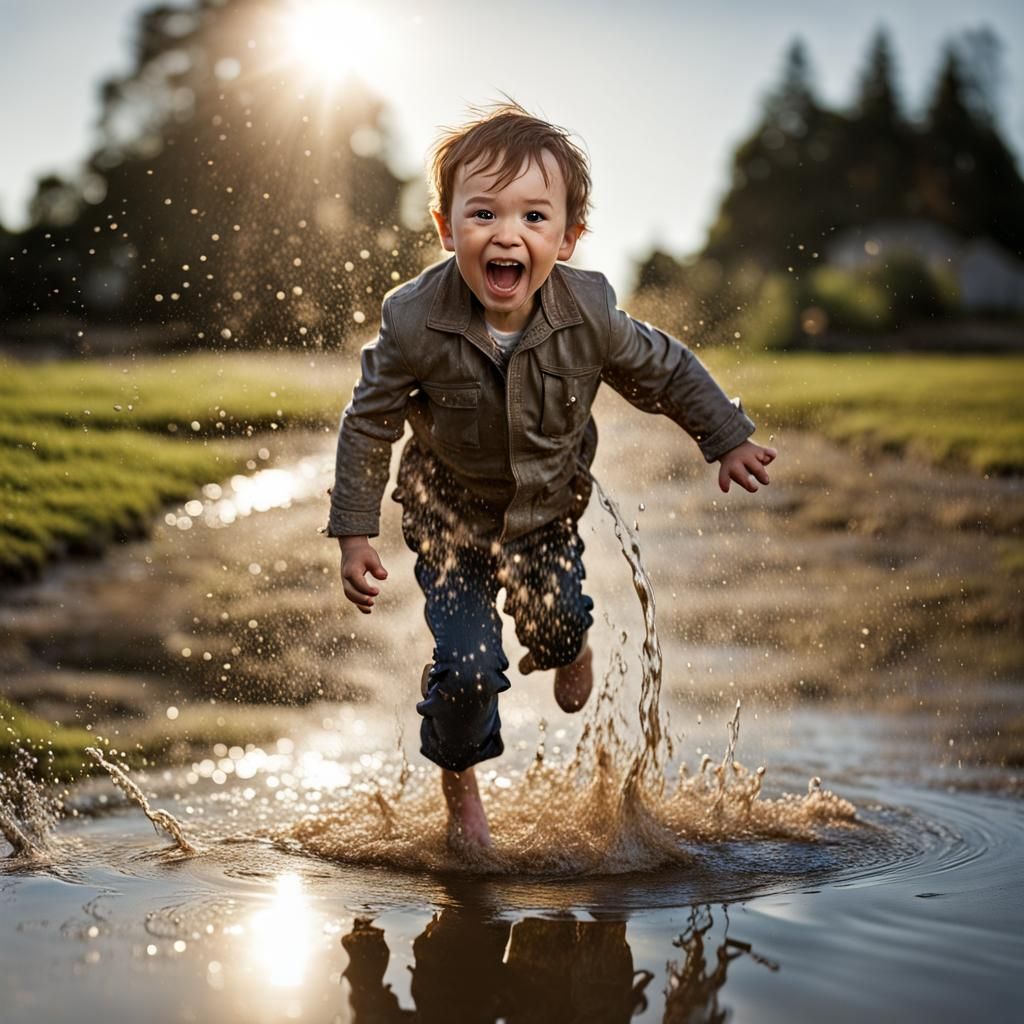 a toddler boy jumping in a puddle the water is splashing in the air its ...