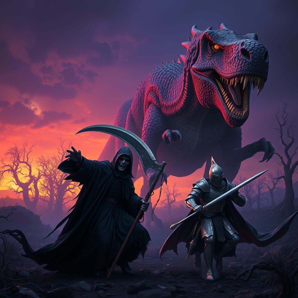 Spectral Reaper Battles T Rex Dragon and Knight in... - AI Art