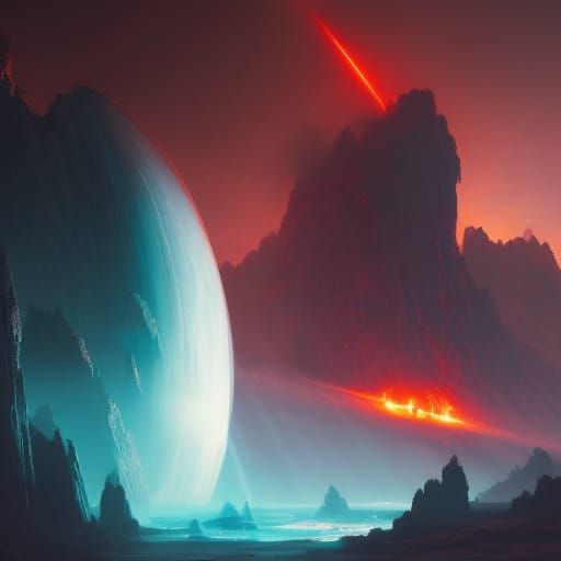 crumbling red volcanic planet in front of bright white star viewed from ...