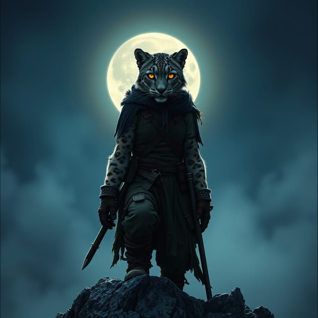 Snow Leopard Vampire Soldier Under Moonlight - AI Art