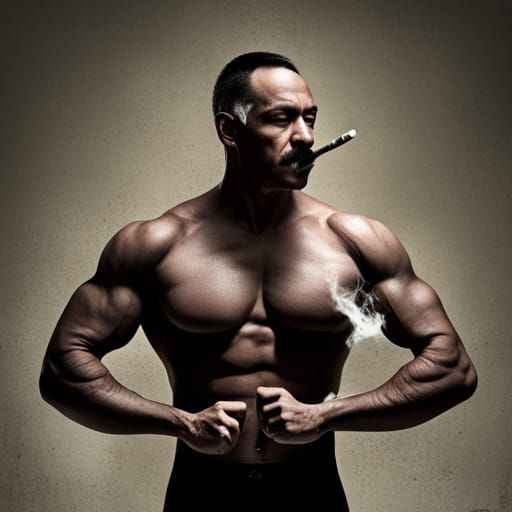 Big 40 year old bodybuilder, with mustache and short hair, smokes a ...