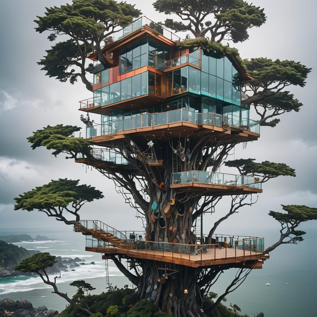 Treehouse built way up in tree above cliffs with rough ocean below ...