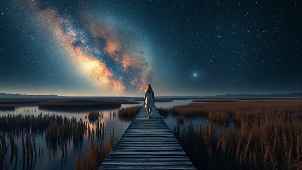 Boardwalk over a marsh at night - Ethereal Boardwalk at Nigh...