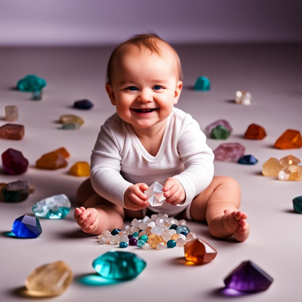 baby sitting with crystals all around. smiling baby holding crystals ...