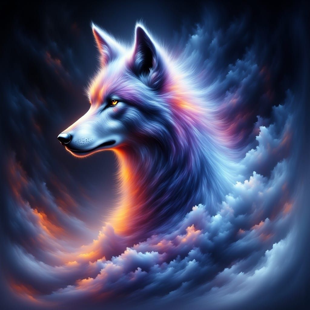 Ethereal Wolf in Vibrant, Iridescent Coat, Set in ... - AI Art