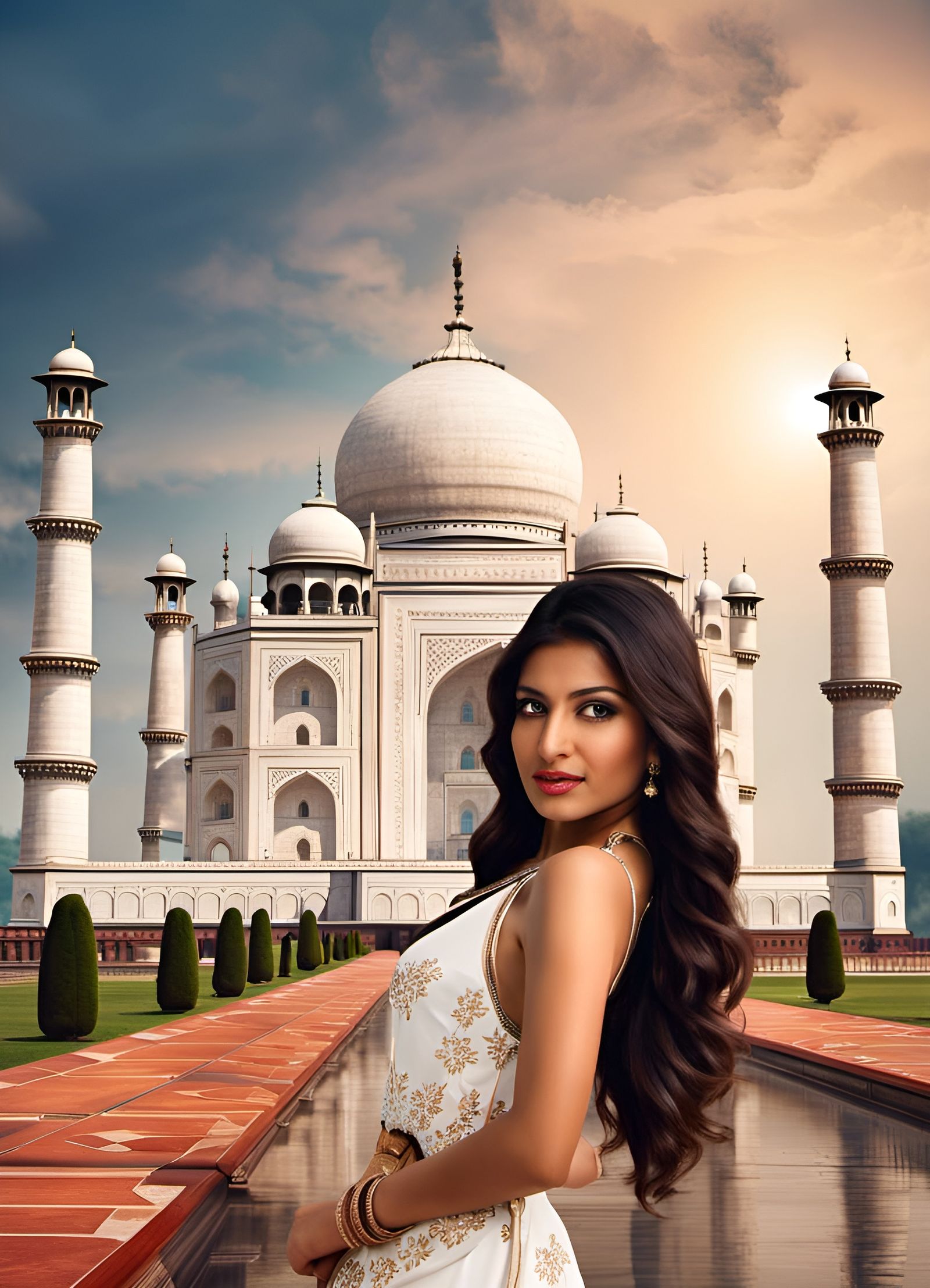 A beautiful Indian girl standing in front of Taj Mahal, photo realistic ...