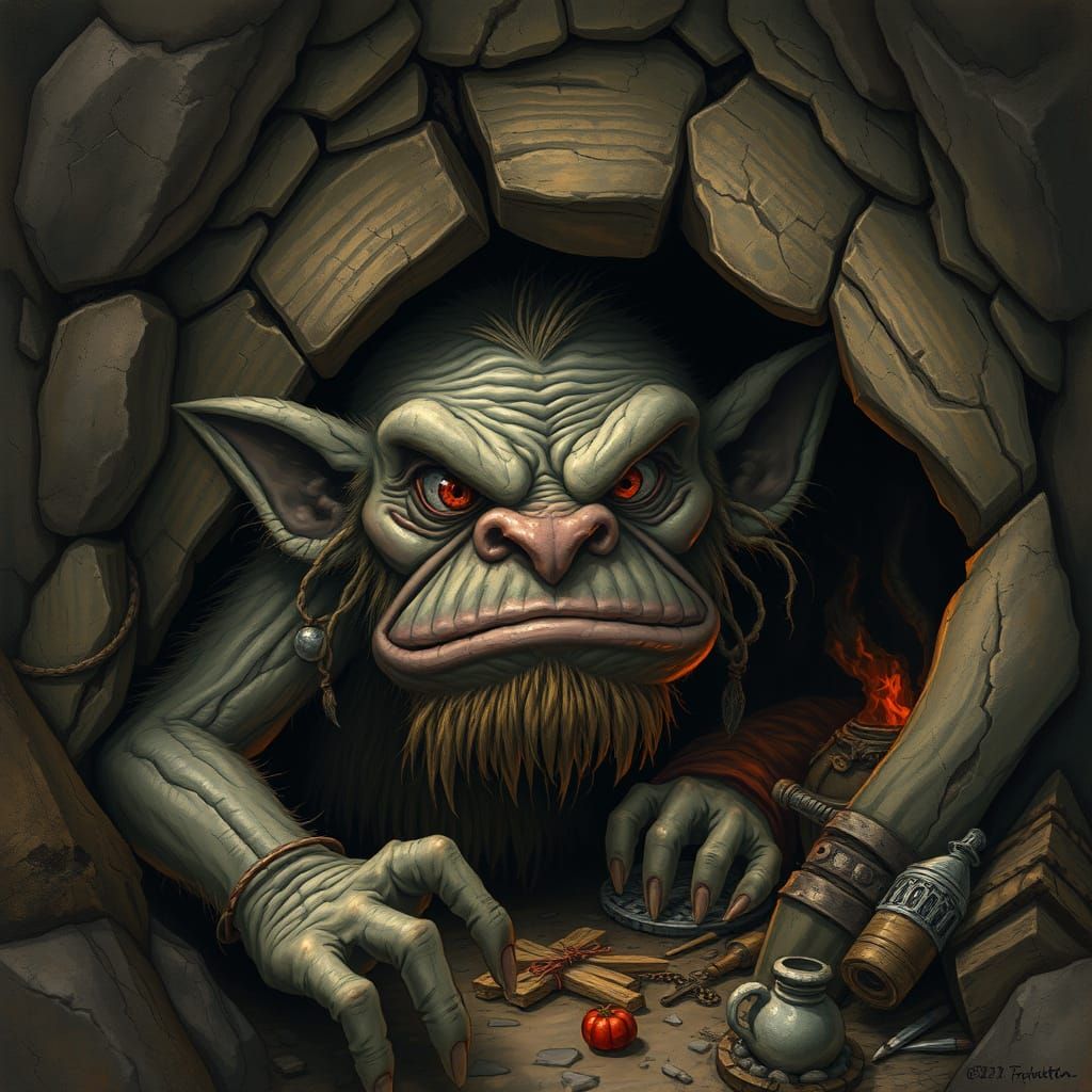 Grumpy Troll Guarding a Treasure Cave - AI Art
