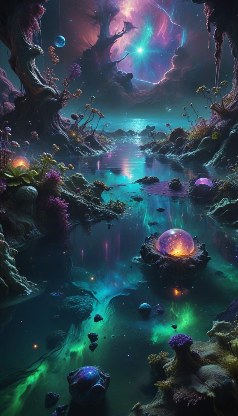 planetary debris, - Ethereal Cosmic Pool in Surrealist Styl...