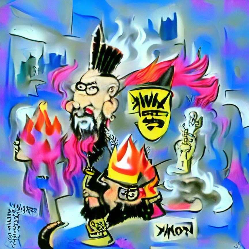 Frank kozik style cartoon depicting a mad punk wizard fire of unkown ...