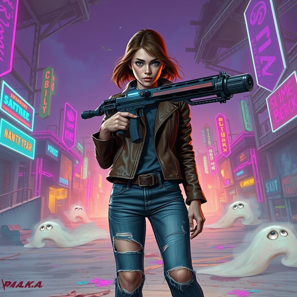 Woman with Cyber Launcher in Neon Wasteland - AI Art