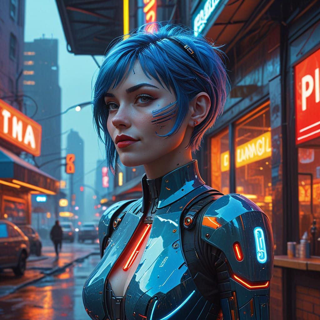 Cyberpunk Pixie Goddess in Vibrant Blue Hair and N... - AI Art
