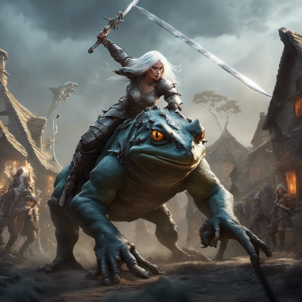 giant frog monster with claws has a female warrior with white hair and ...