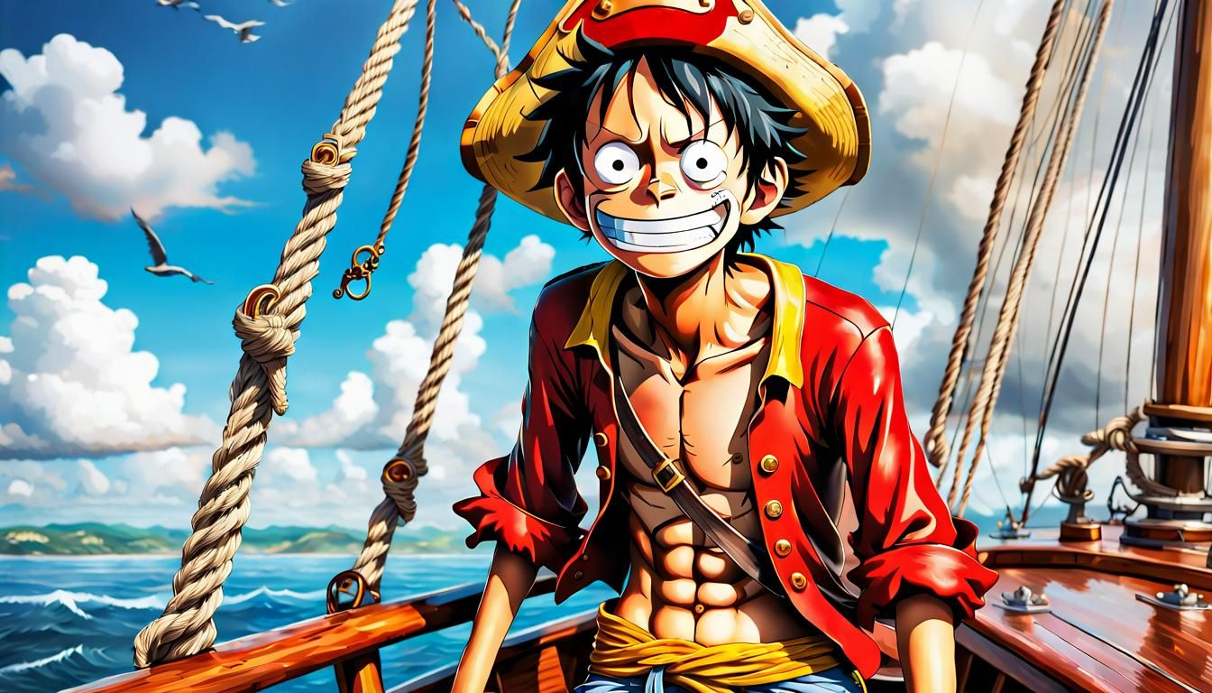 pirate Monkey D. Luffy on a walk in the top deck of his sail boat ...